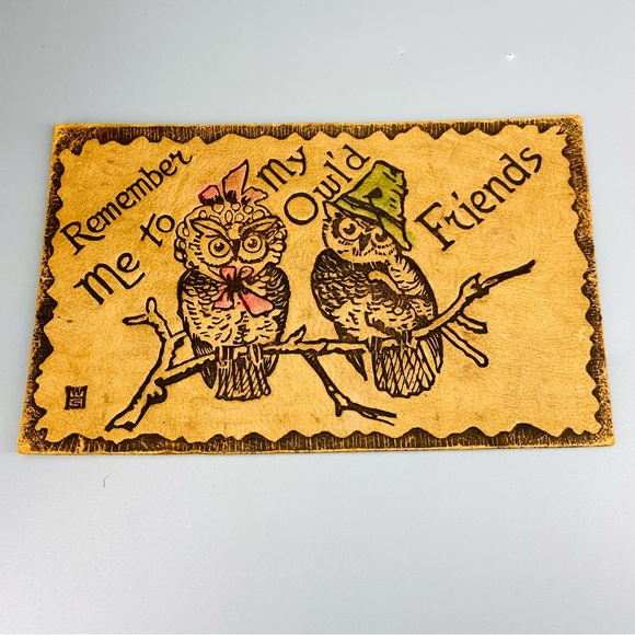 Vintage | Art | Antique Leather Postcard W S Heal Friend Note Owls ...